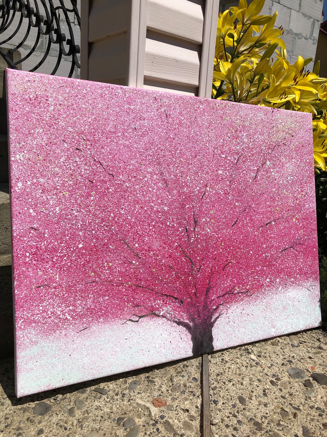 Abstract Tree Painting on Canvas, Pink Wall Art, Blossom Tree Painting ...