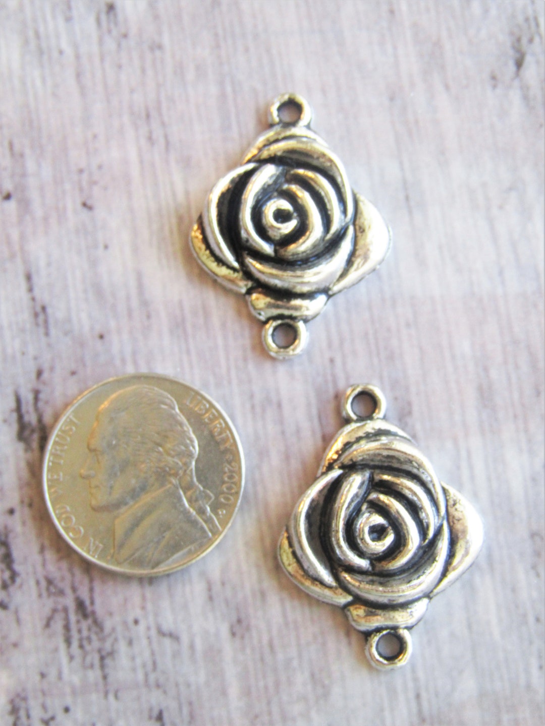 Silver Rose Connectors: Pewter Flower Links, Jewelry Making (set of 6 ...