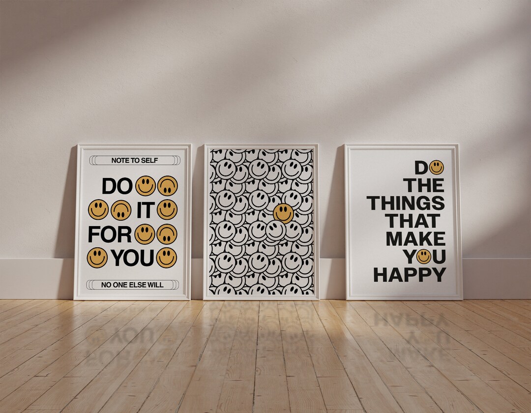Set of 3 Prints, Smiley Faces Printable Art, Retro Quote Wall Print ...