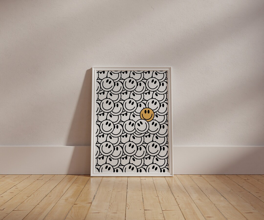 All Smiles Print, Smiley Faces Print, Yellow Wall Art, Retro Home ...