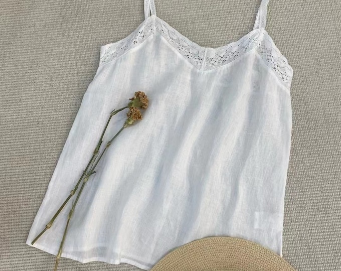Linen Camisole, Woman Top, Linen Slip Blouse, Linen Beach Top With Lace ...