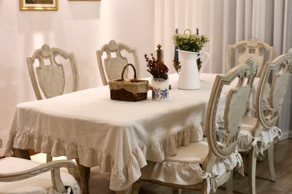 Ruffled handmade linen tablecloth customized size. flax | Etsy