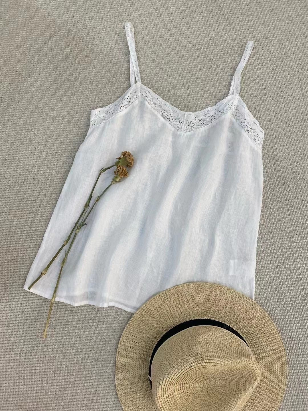 Linen Camisole, Woman Top, Linen Slip Blouse, Linen Beach Top With Lace ...