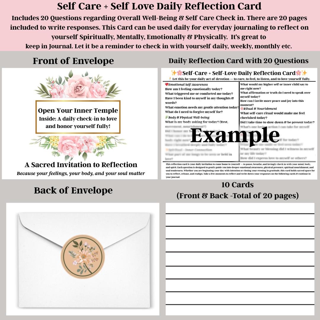 Self Care + Self Love Daily Reflection Card, Wellness Journal Prompts ...
