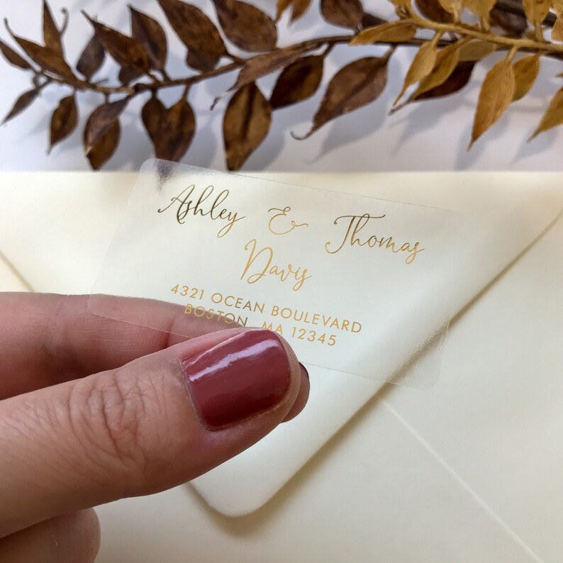 Custom Clear Gold Foil Return Address Labels for Wedding Invitations ...