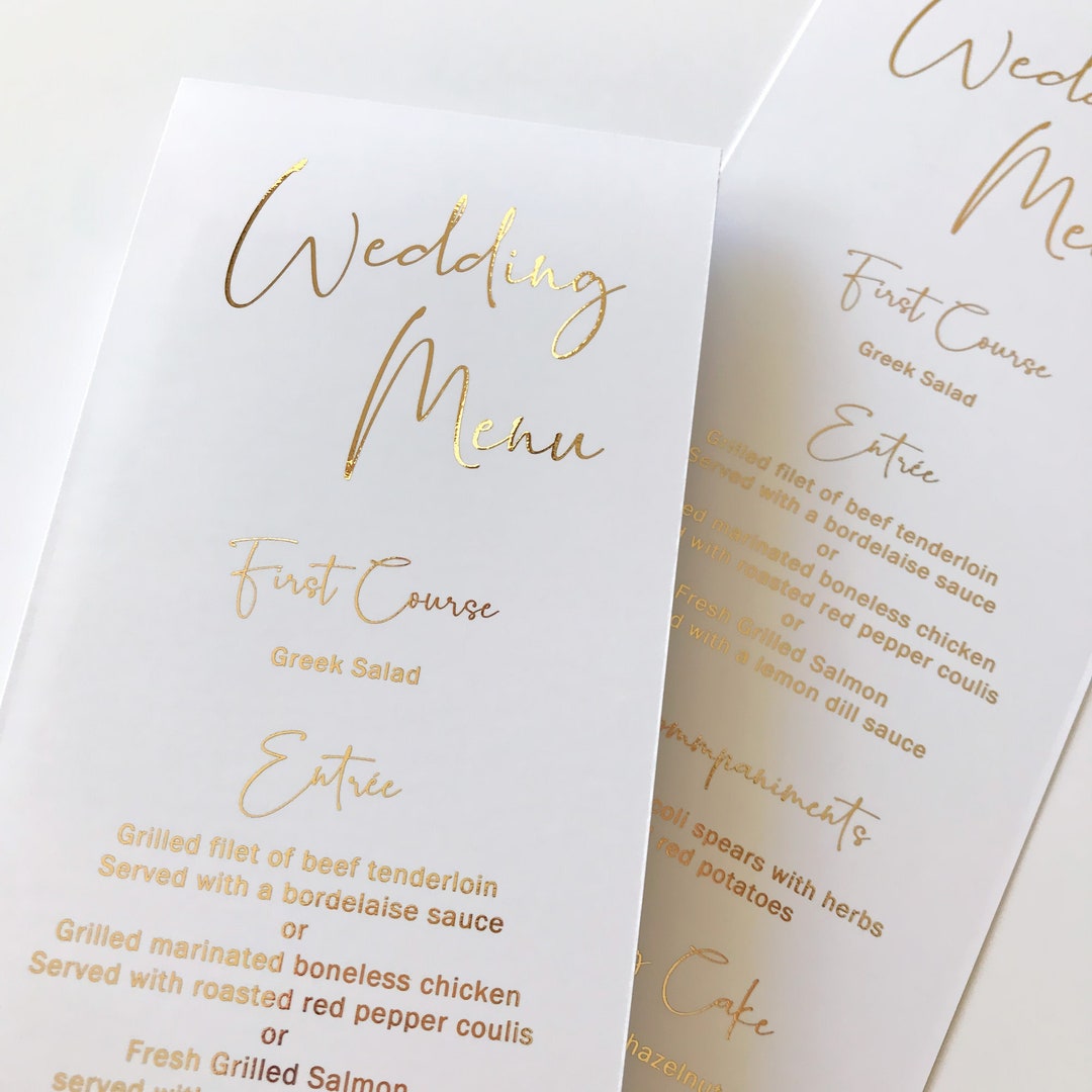 White & Gold Wedding Menus, Elegant Personalized Menu Cards With Real ...