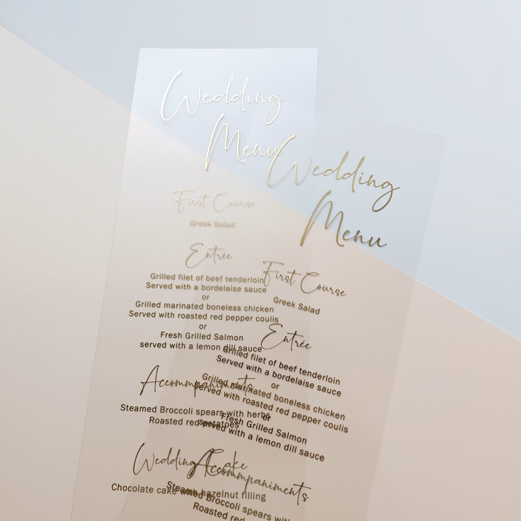 Clear Acrylic Wedding Menus – Custom Minimalist Gold Foil, Rose Gold or ...
