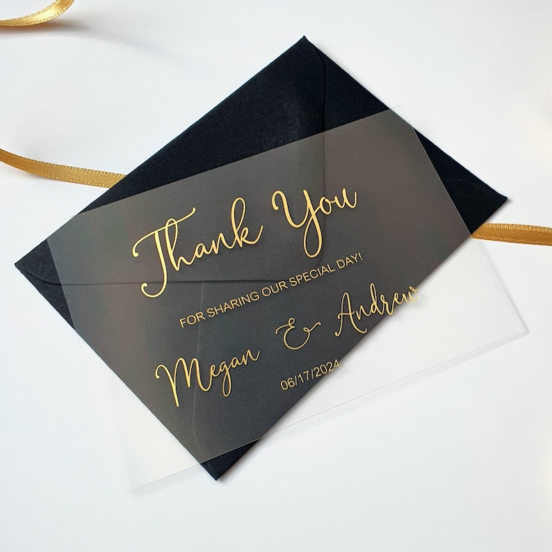 Gold Foil Clear Acrylic Wedding Thank You Mini Card • Vellum, Black or ...