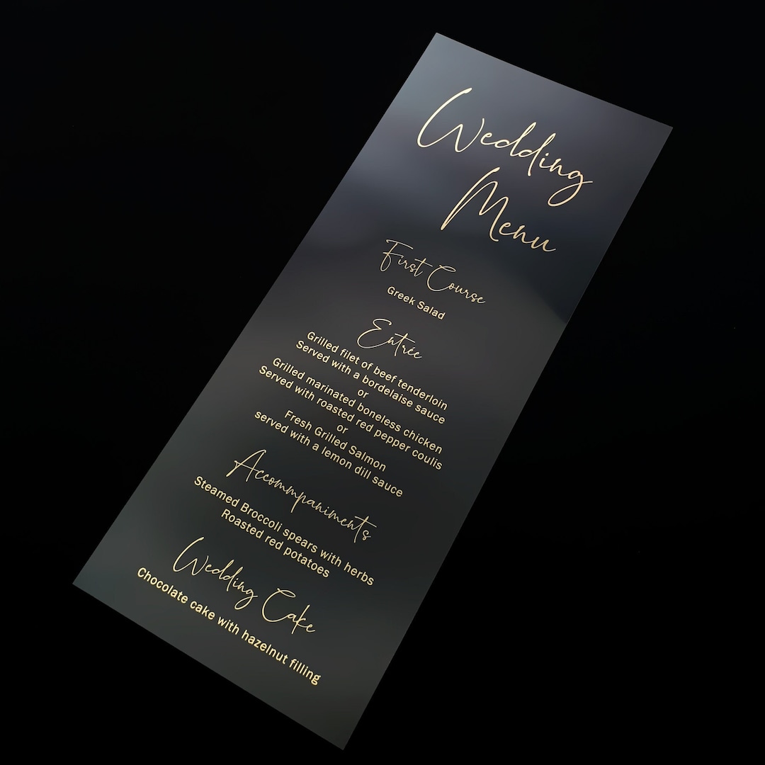 Clear Acrylic Wedding Menus – Custom Minimalist Gold Foil, Rose Gold or ...