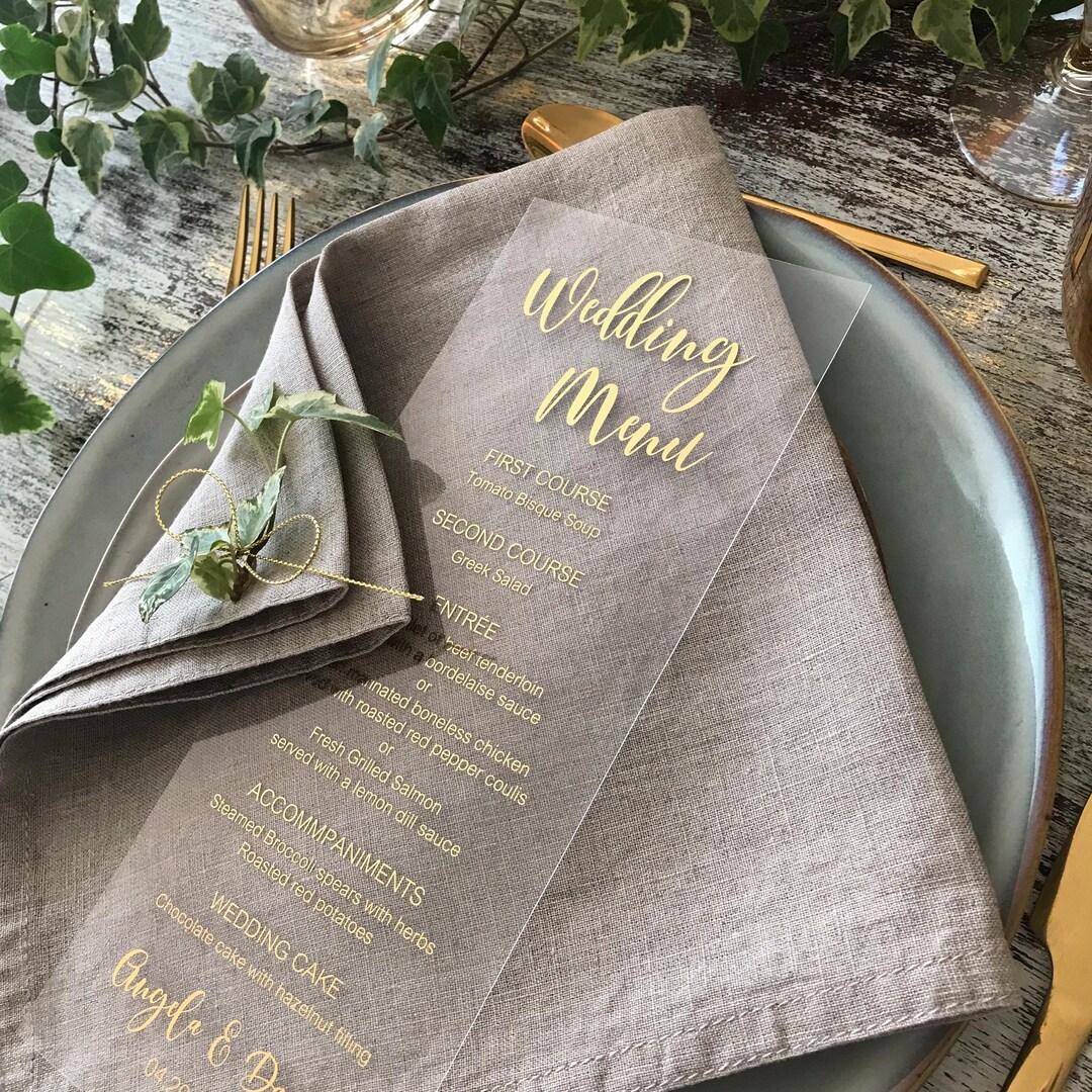 Gold Foil Clear Acrylic Wedding Menus, Elegant Personalized Custom Text ...