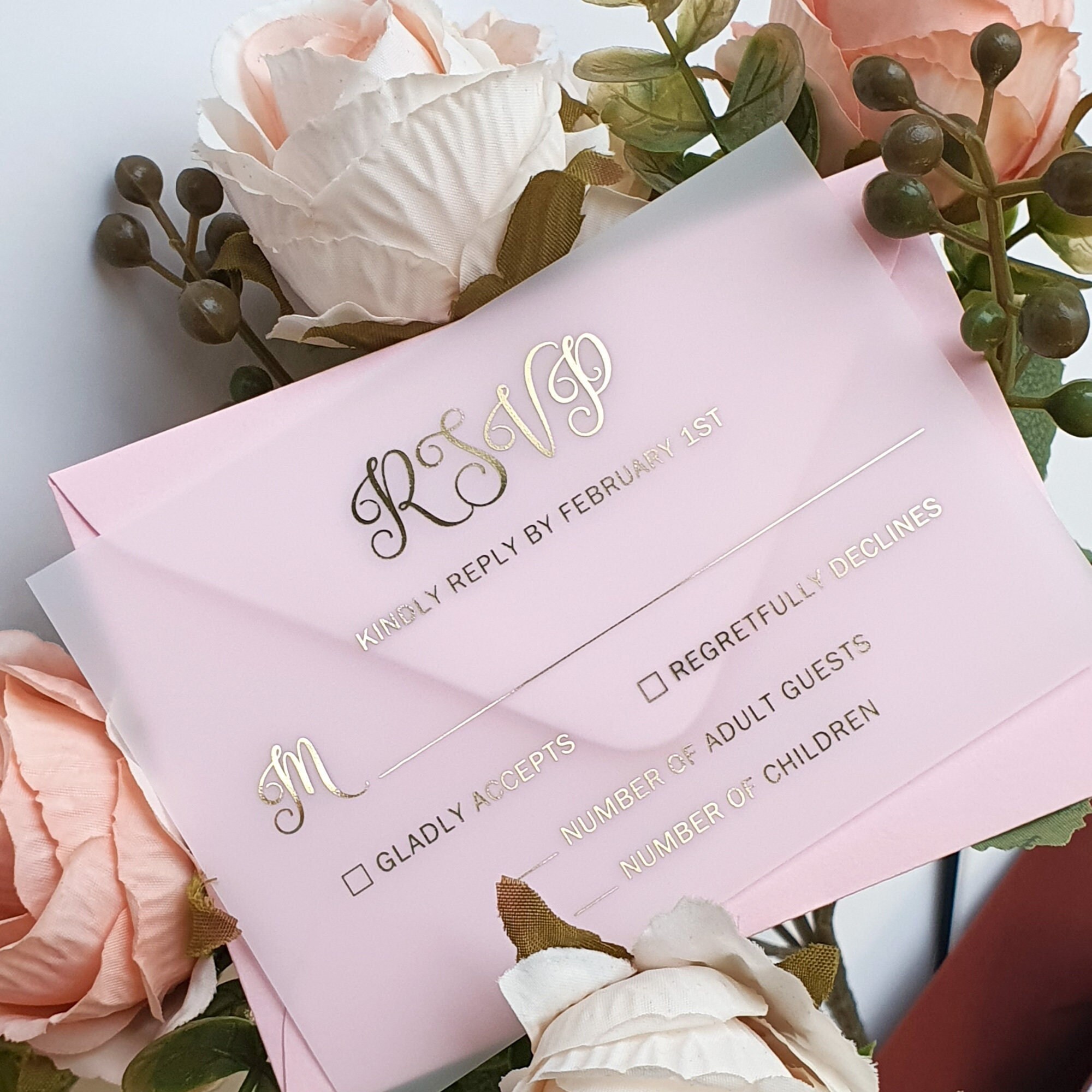 Gold Foil Vellum RSVP Card & Envelope • Personalized Wedding Reply ...