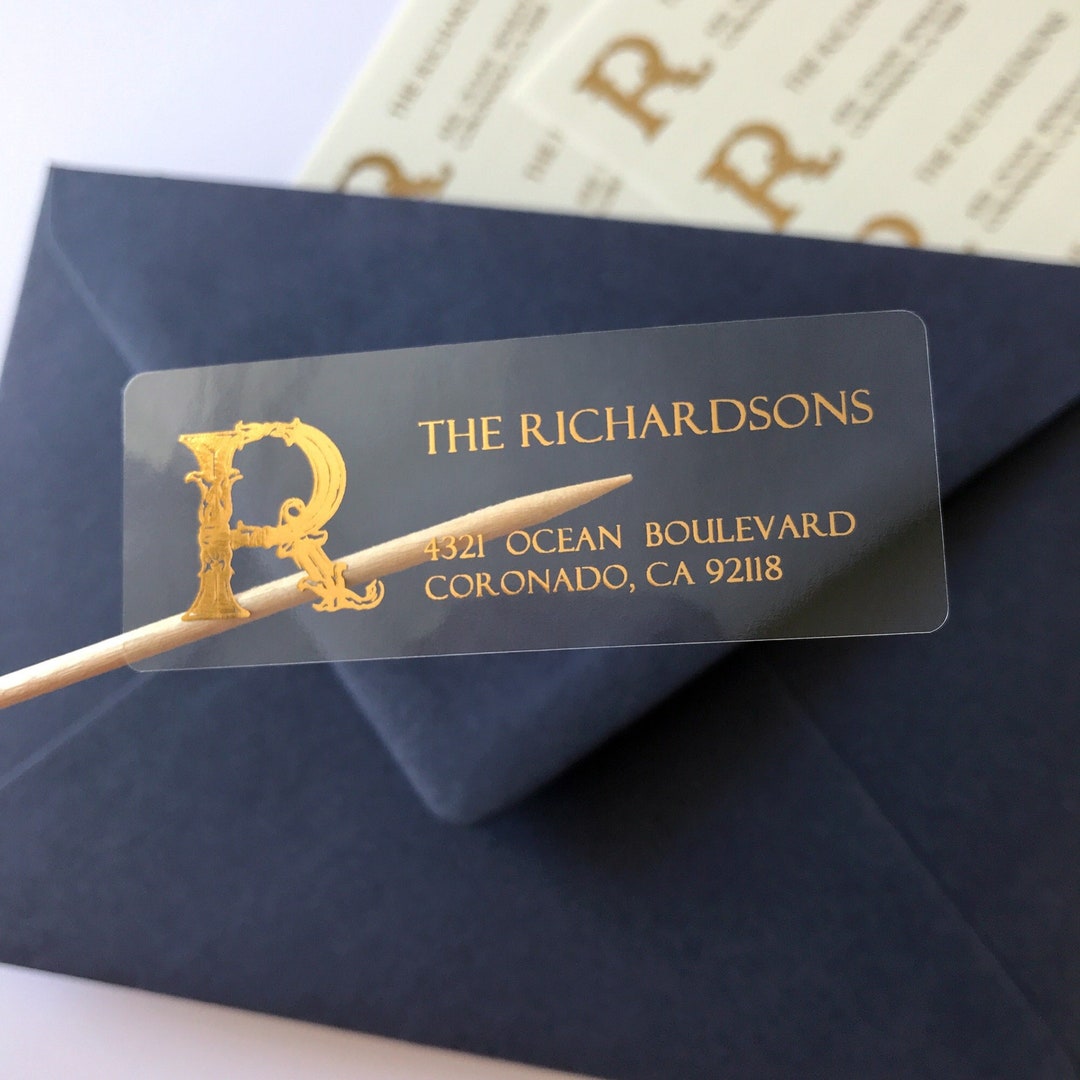 Gold Foil Return Address Label, Custom Sticker, Family Name Letter ...