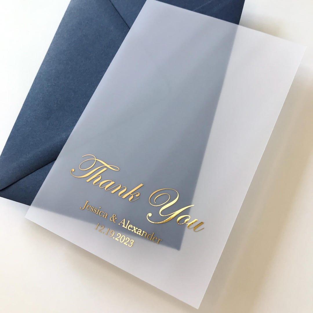 Traditional Vellum Wedding Thank You Card • Gold Foil • Personalized ...