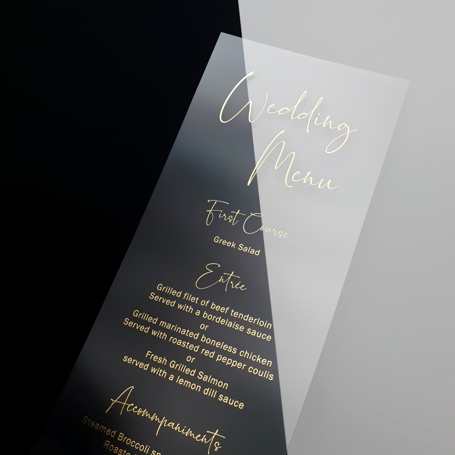Clear Acrylic Wedding Menus – Custom Minimalist Gold Foil, Rose Gold or ...