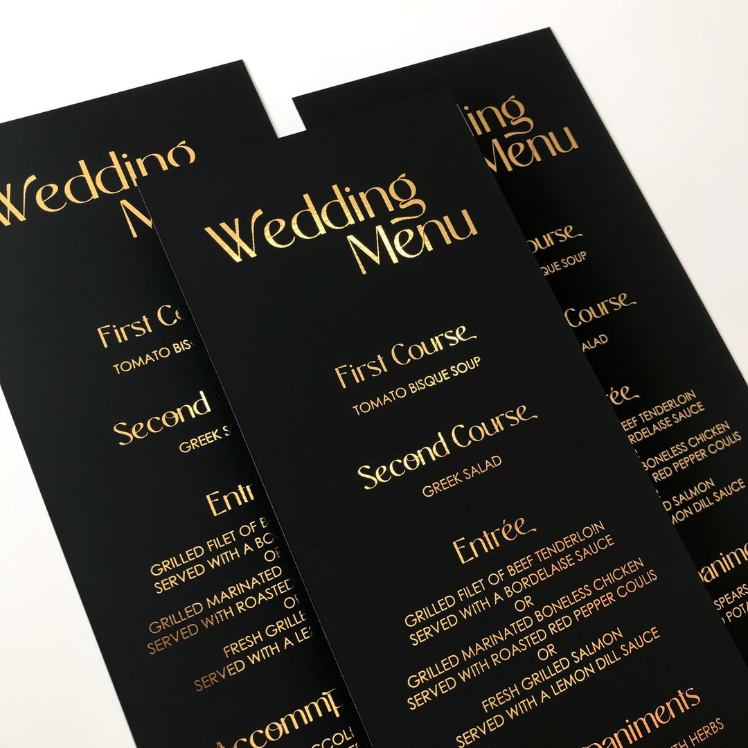 Black & Gold Wedding Menu, Custom Menu Card With Modern Font Printed on ...
