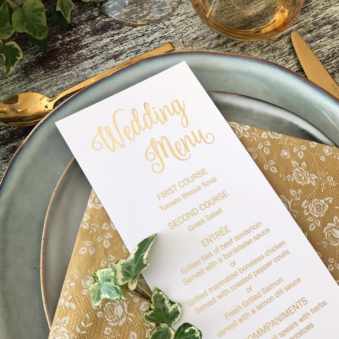 Gold & White Wedding Menu, Personalized Custom Menu. Printed on Vellum ...