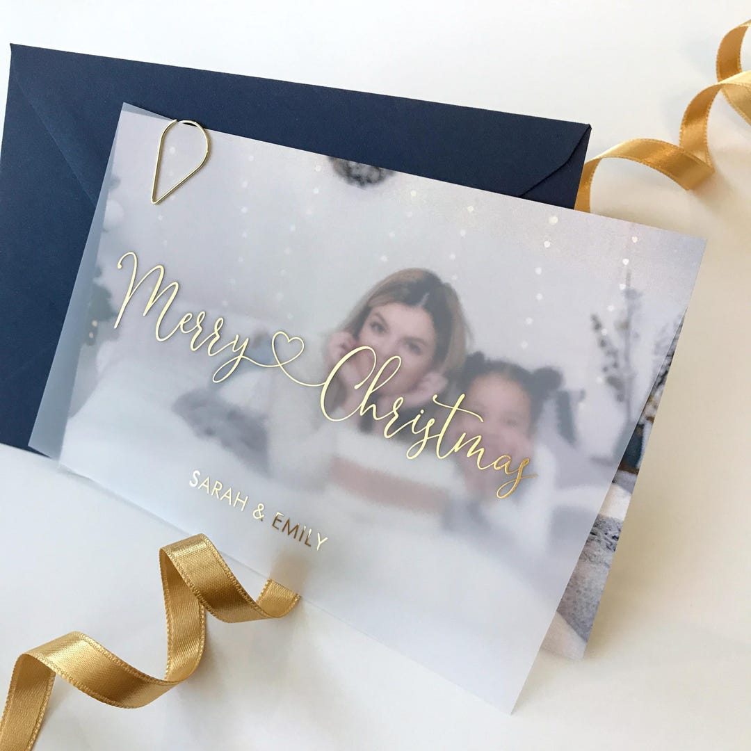 Merry Christmas Photo Card With Heart • Gold Foil Vellum • Personalized ...