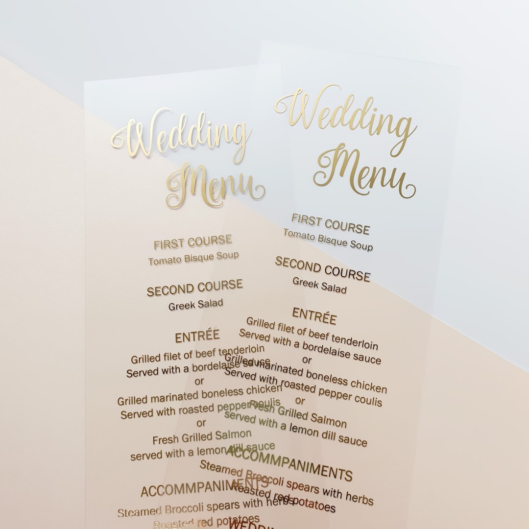 Luxury Clear Acrylic Wedding Menu With Gold Foil. Personalized, Custom ...