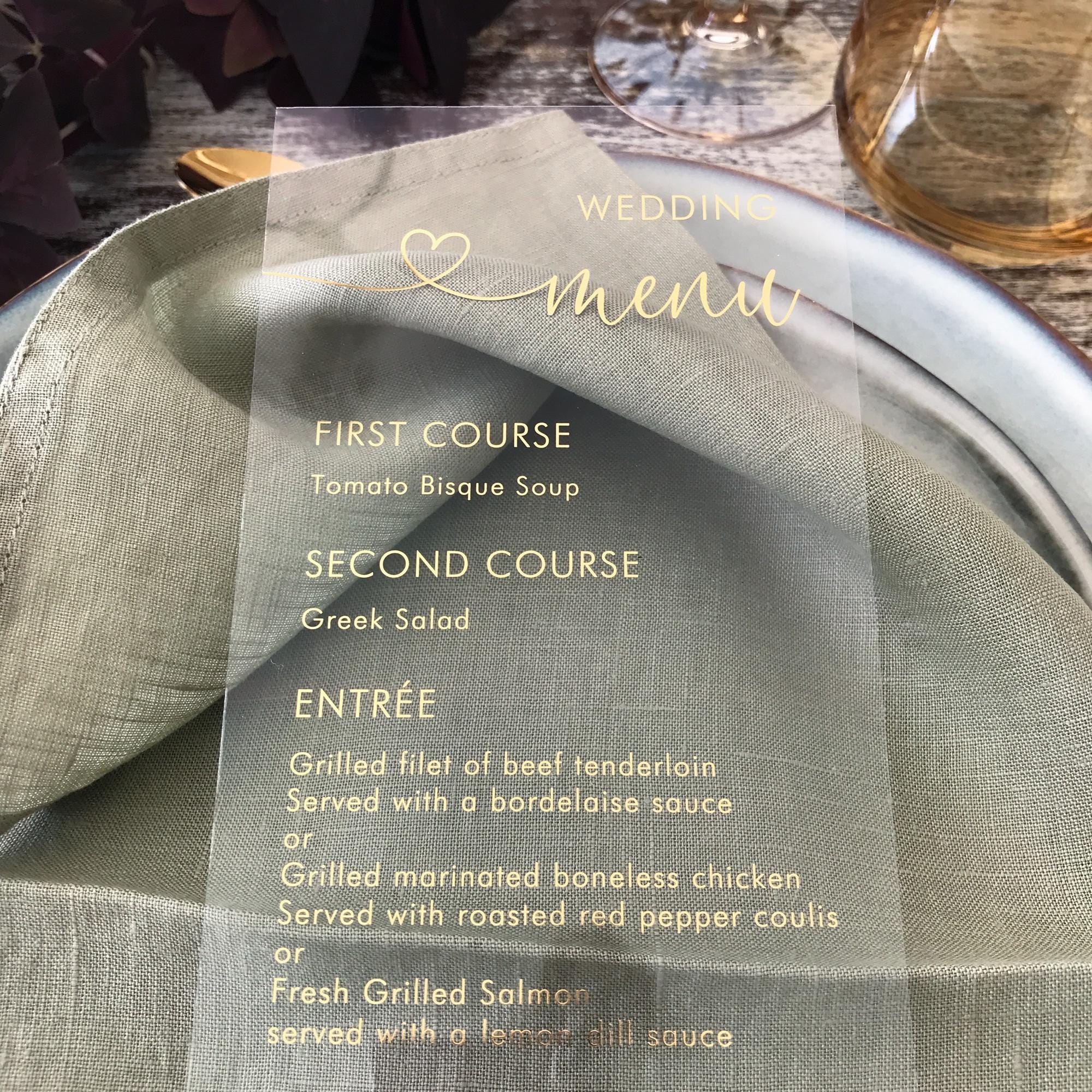 Clear Acrylic Wedding Menus – Romantic Gold Foil Heart Design ...