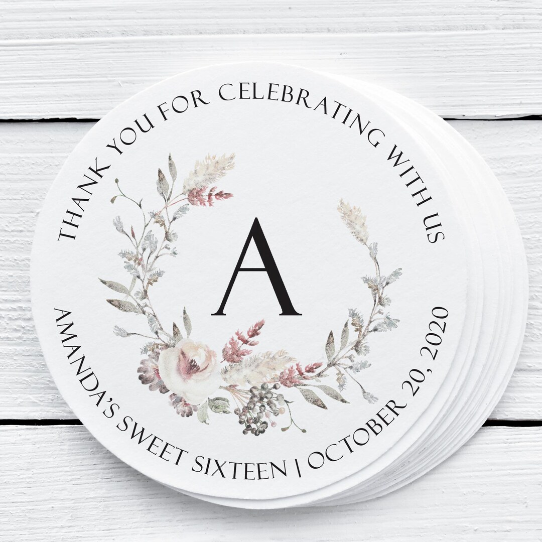 White Rose Initial Sticker • Watercolor Floral Wreath • Neutral Colors ...