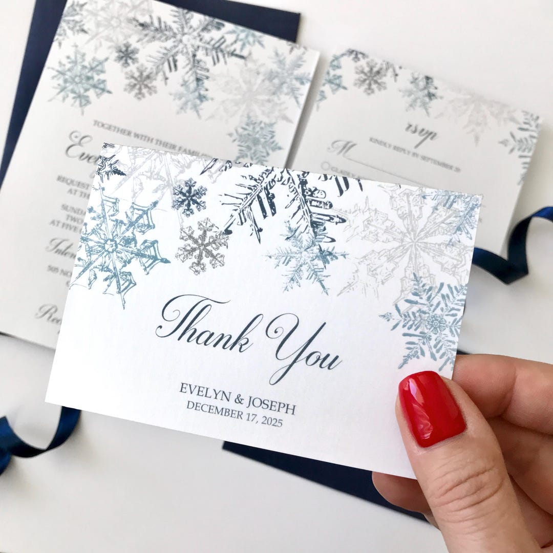 Winter Wedding Thank You Cards With Blue Snowflakes • Christmas Mini ...
