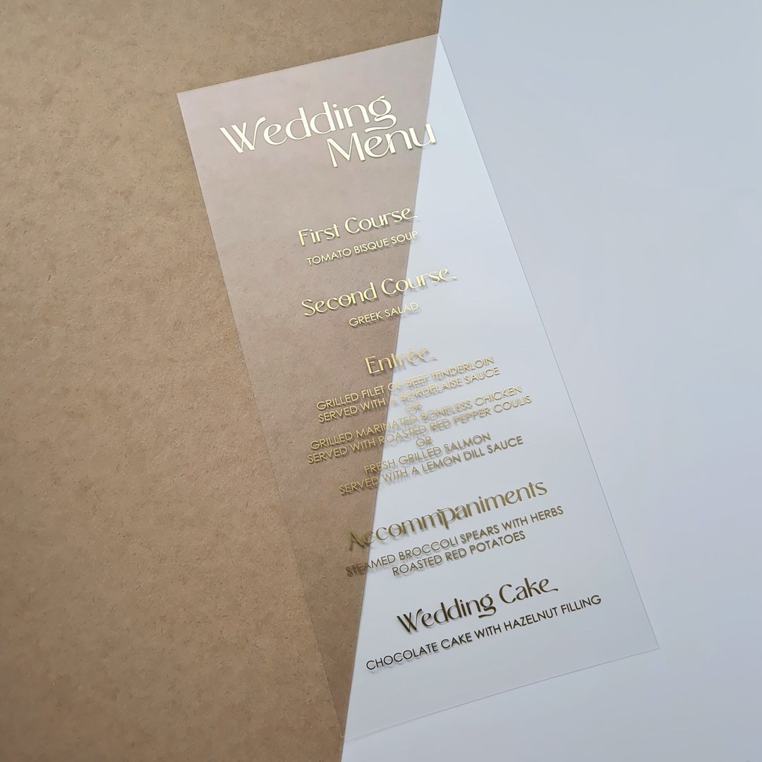 Clear Acrylic Wedding Menu With Gold Foil, Personalized Custom Text ...