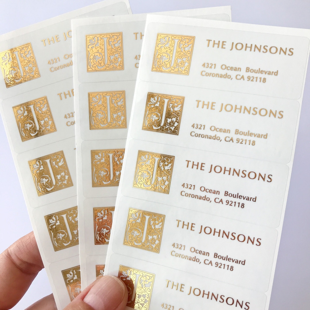 Gold Foil Return Address Label, Custom Sticker, Family Name Initial ...