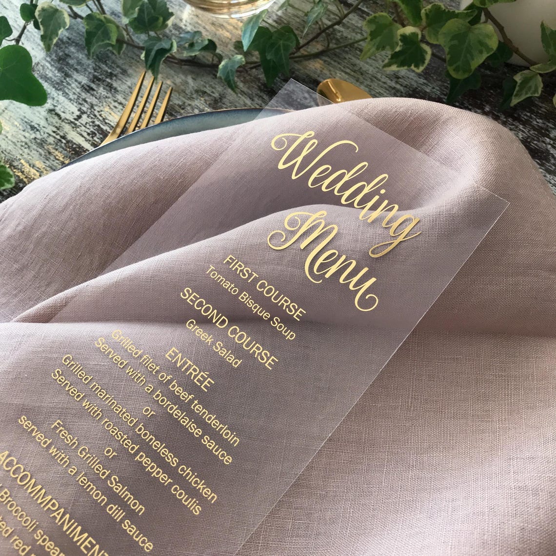 Clear Acrylic Gold Foil Wedding Menus, Custom Personalized Luxury Menu ...