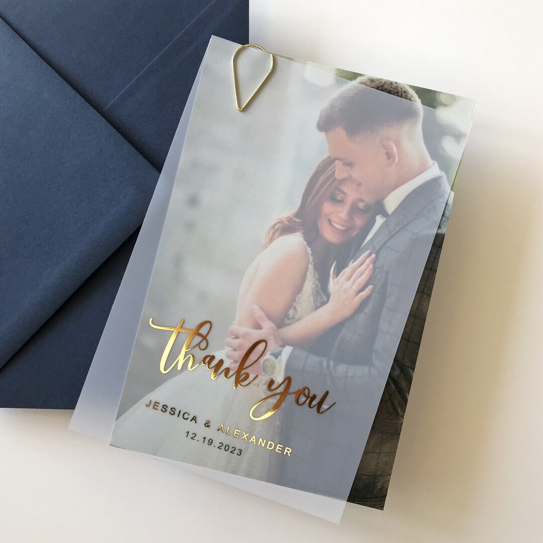 Simple Vellum Wedding Thank You Card With Photo Backing • Gold Foil ...