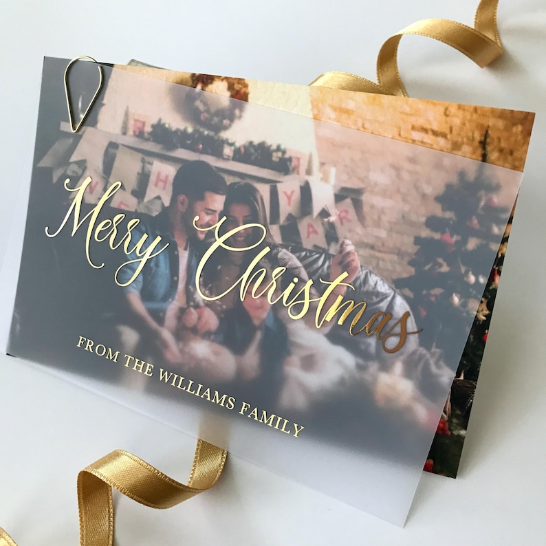Xmas Family Photo Card • Gold Foil Vellum Merry Christmas Greeting ...