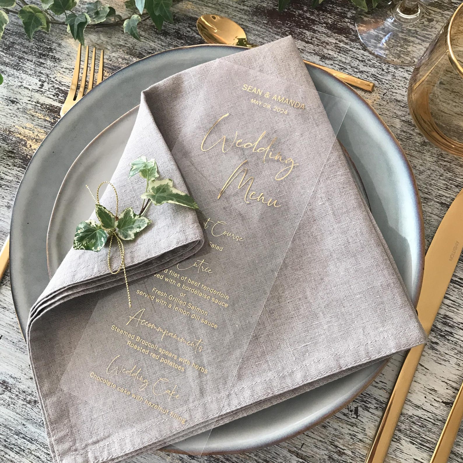 Clear Acrylic Wedding Menus – Custom Minimalist Gold Foil, Rose Gold or ...
