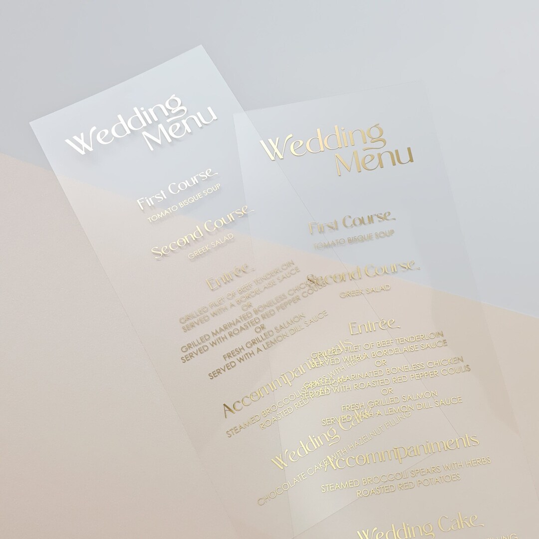Clear Acrylic Wedding Menu With Gold Foil, Personalized Custom Text ...