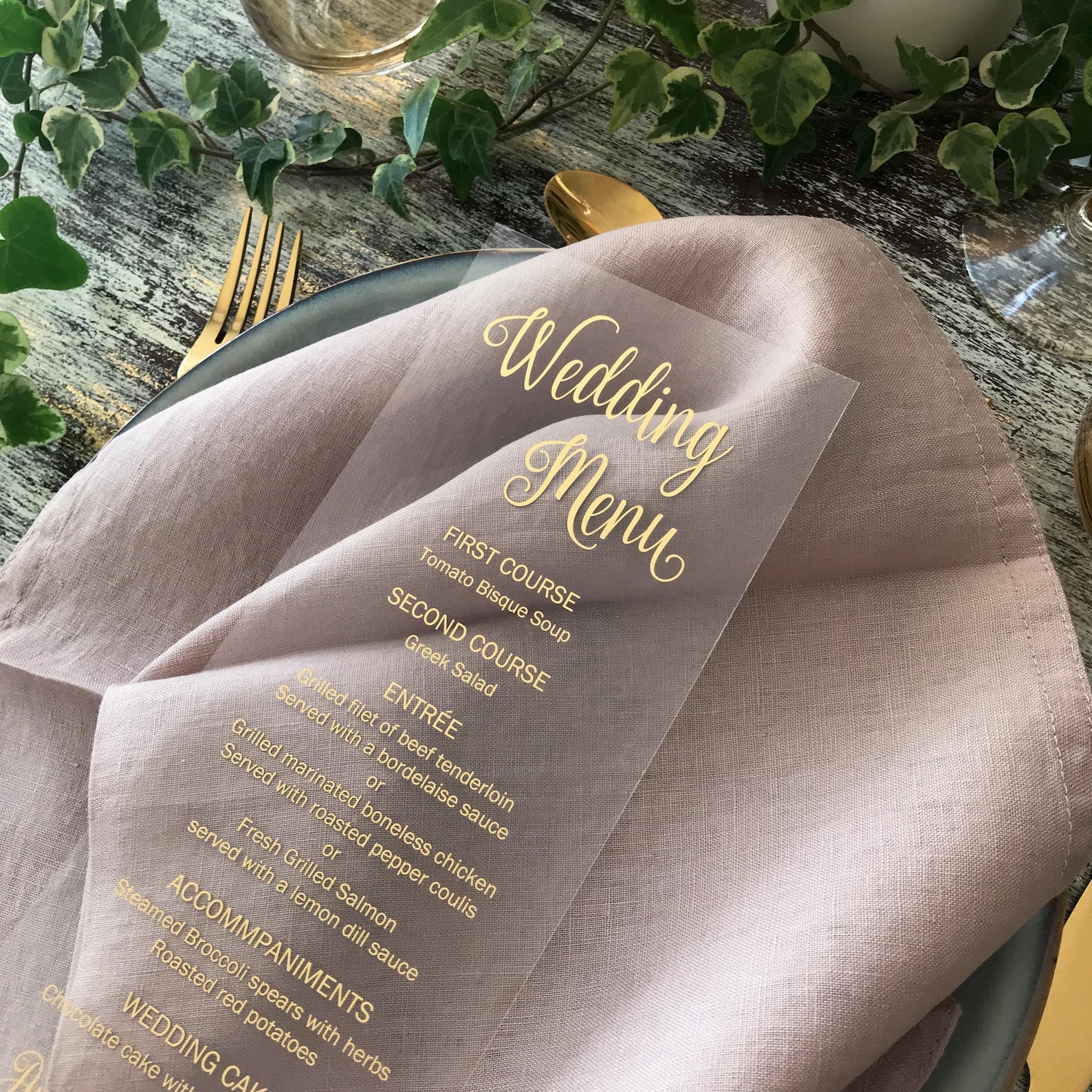 Clear Acrylic Gold Foil Wedding Menus, Custom Personalized Luxury Menu ...