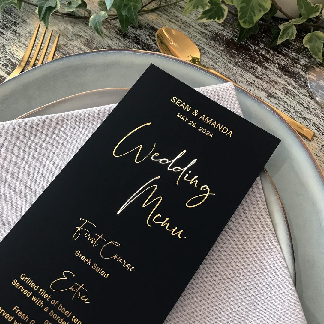 Black & Gold Wedding Menus, Personalized Vellum Menu Cards With Real ...