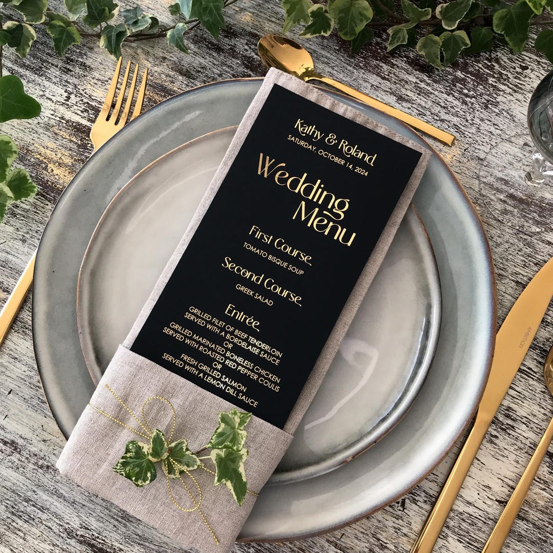 Black & Gold Wedding Menu, Custom Menu Card With Modern Font Printed on ...