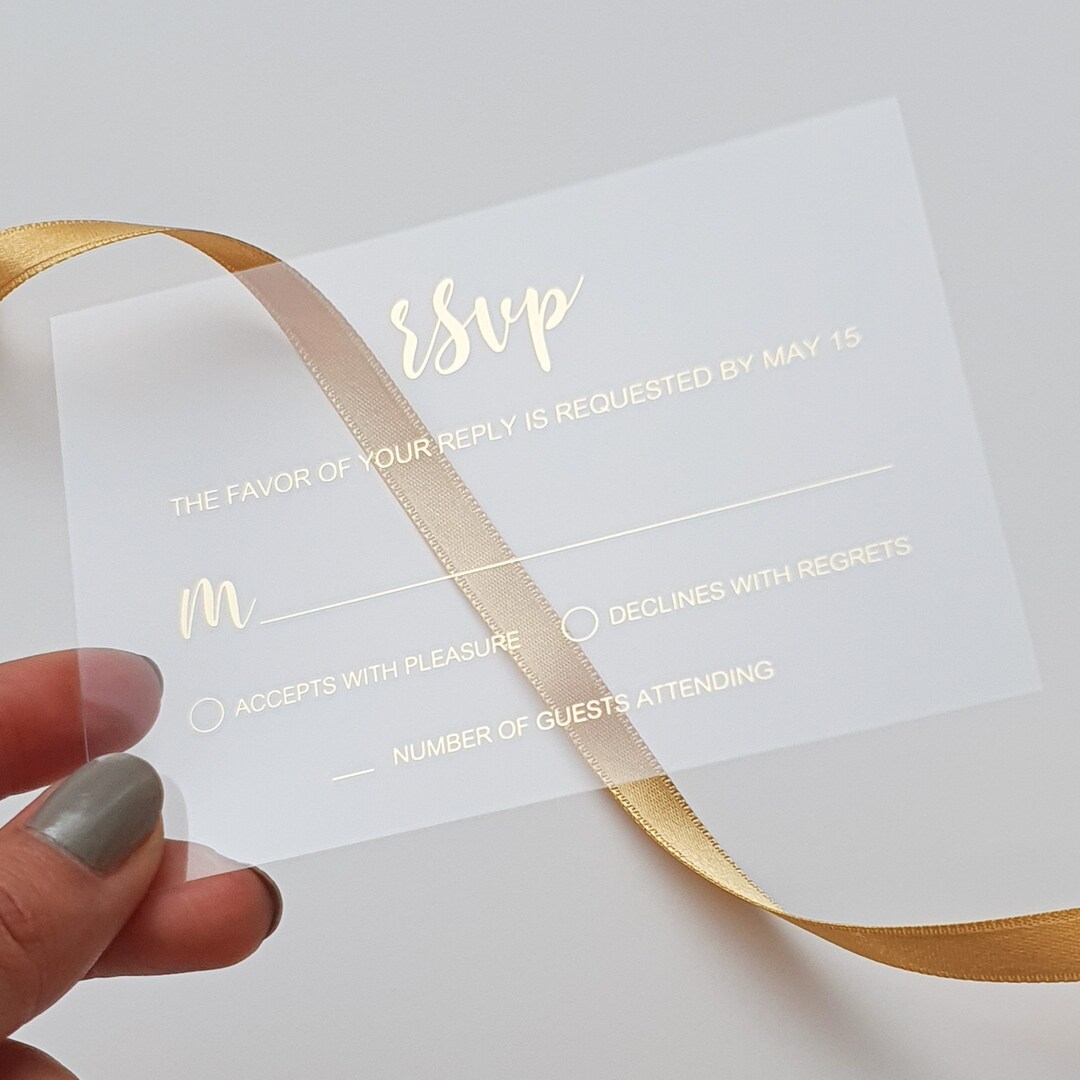 Clear Acrylic RSVP Card With Gold Foil, Modern Handwritten Script. Wedding Invitation Insert ...