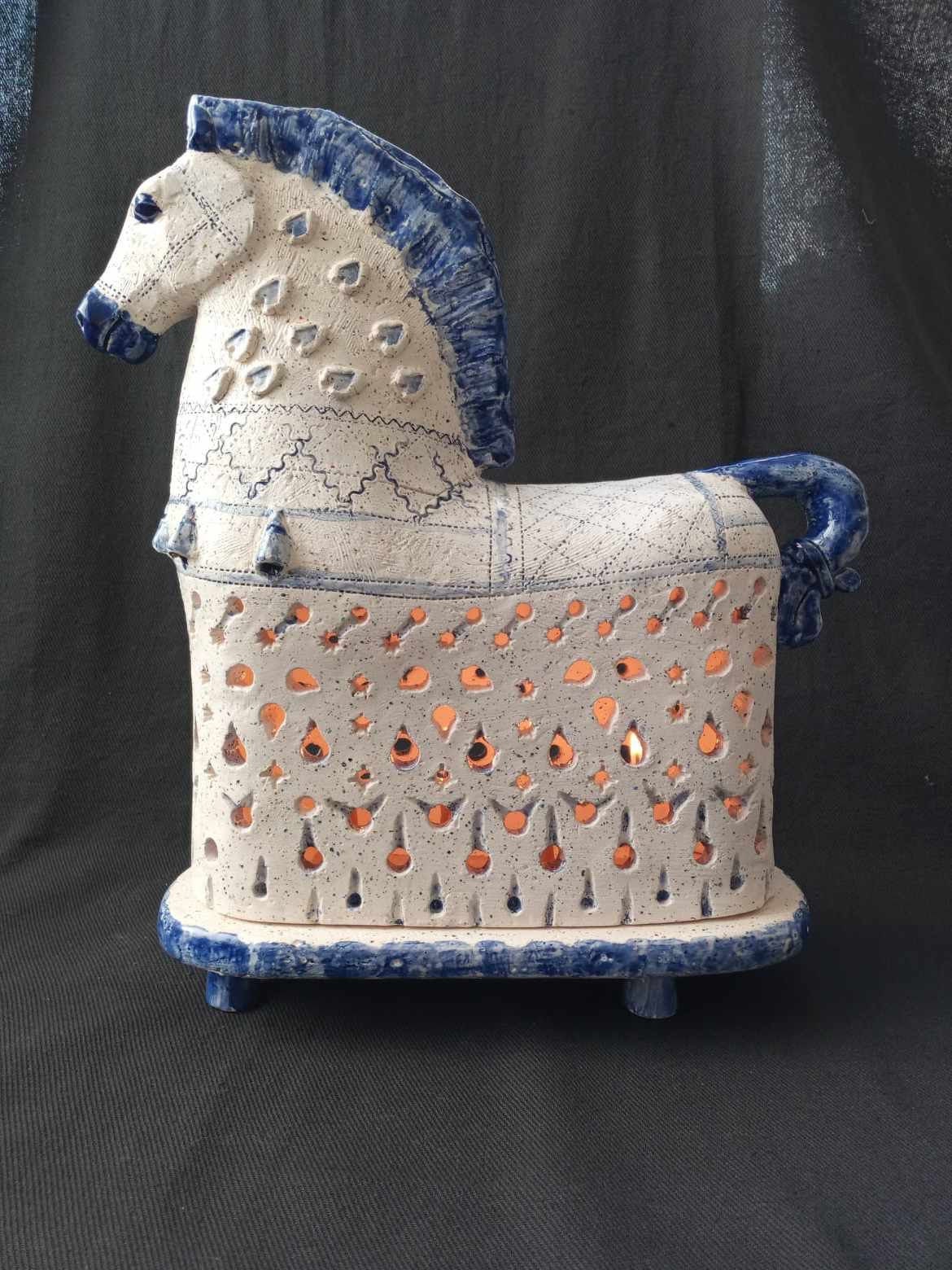 Ceramic Horse Figure, White and Blue Ceramic Horse, Pottery Ceramic ...