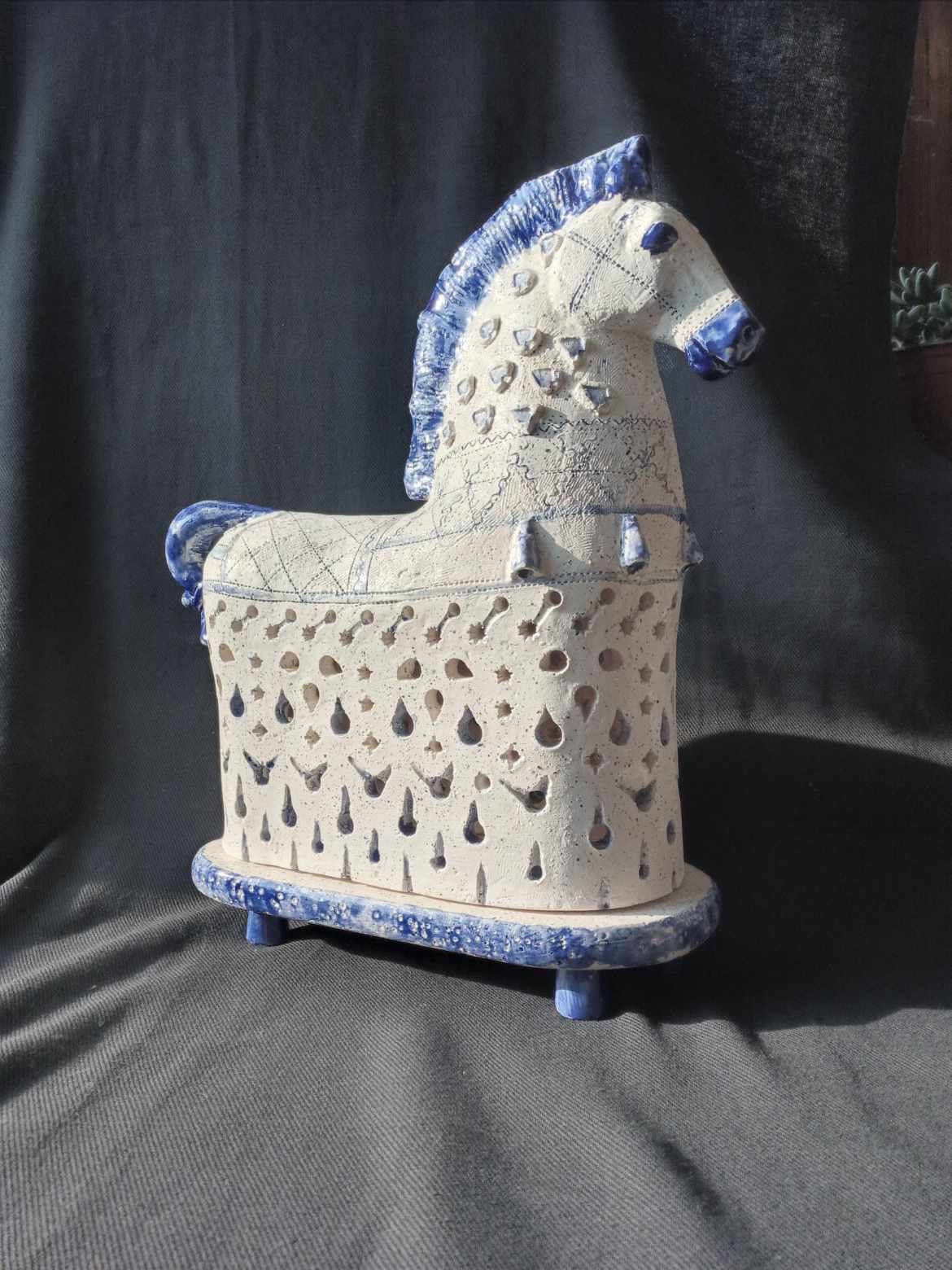 Ceramic Horse Figure, White and Blue Ceramic Horse, Pottery Ceramic ...