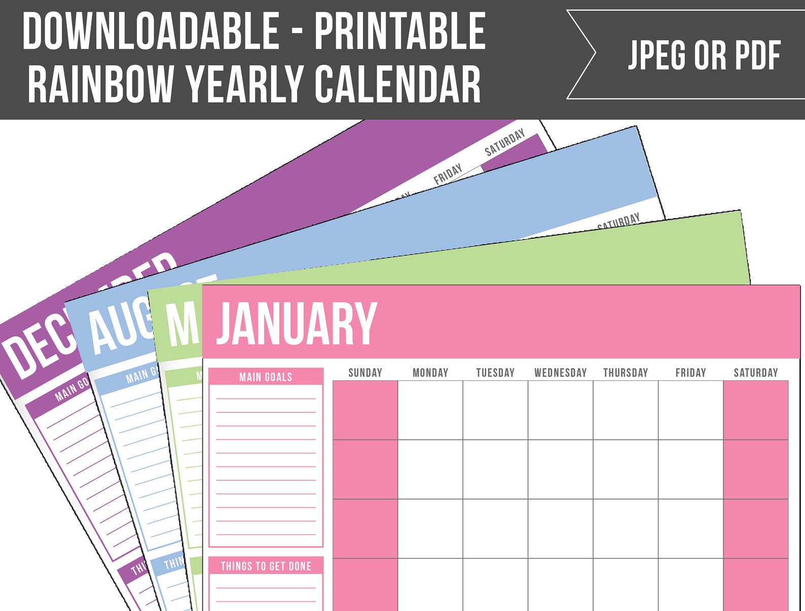 Yearly Rainbow Calendar - Printable - Etsy