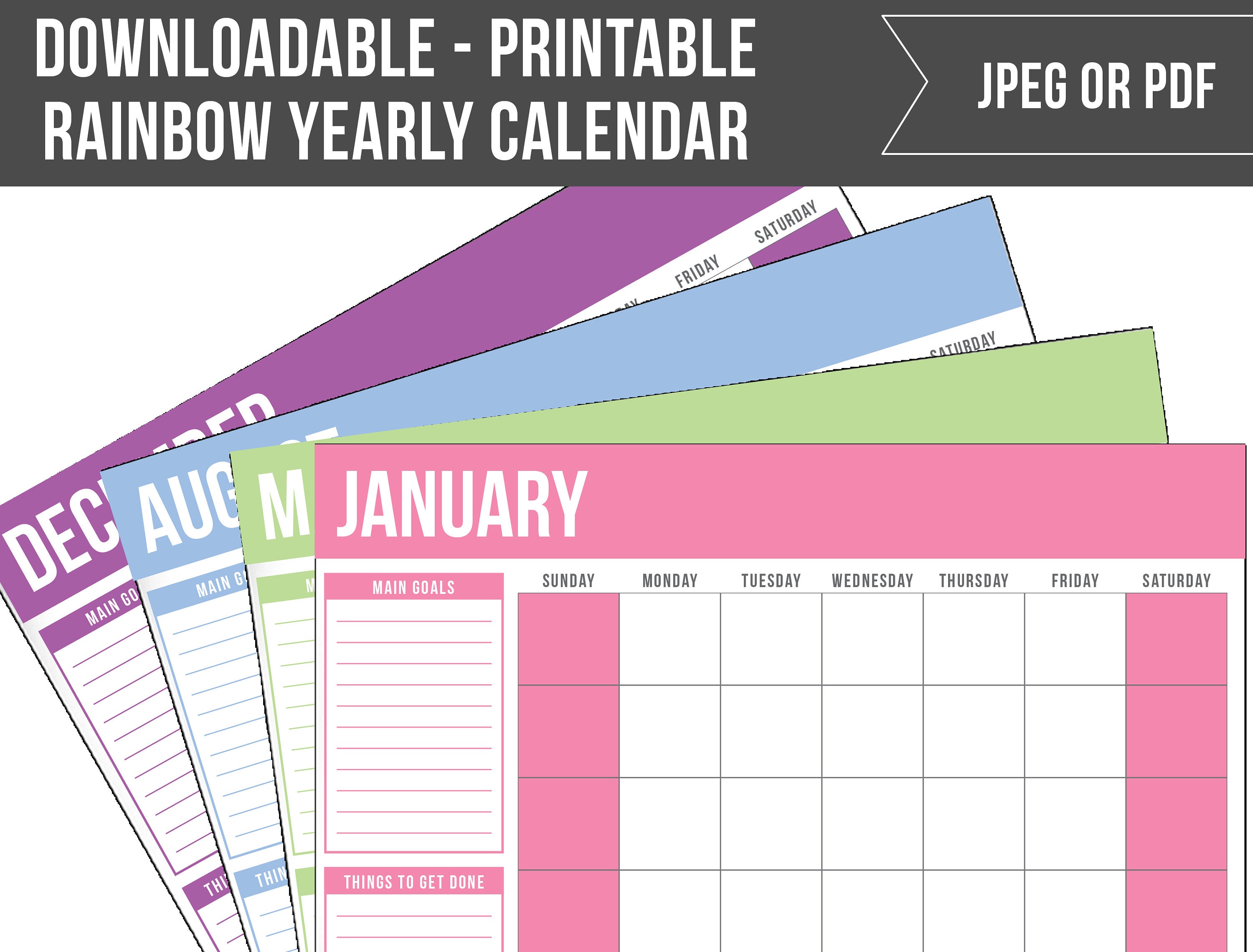 Yearly Rainbow Calendar - Printable - Etsy