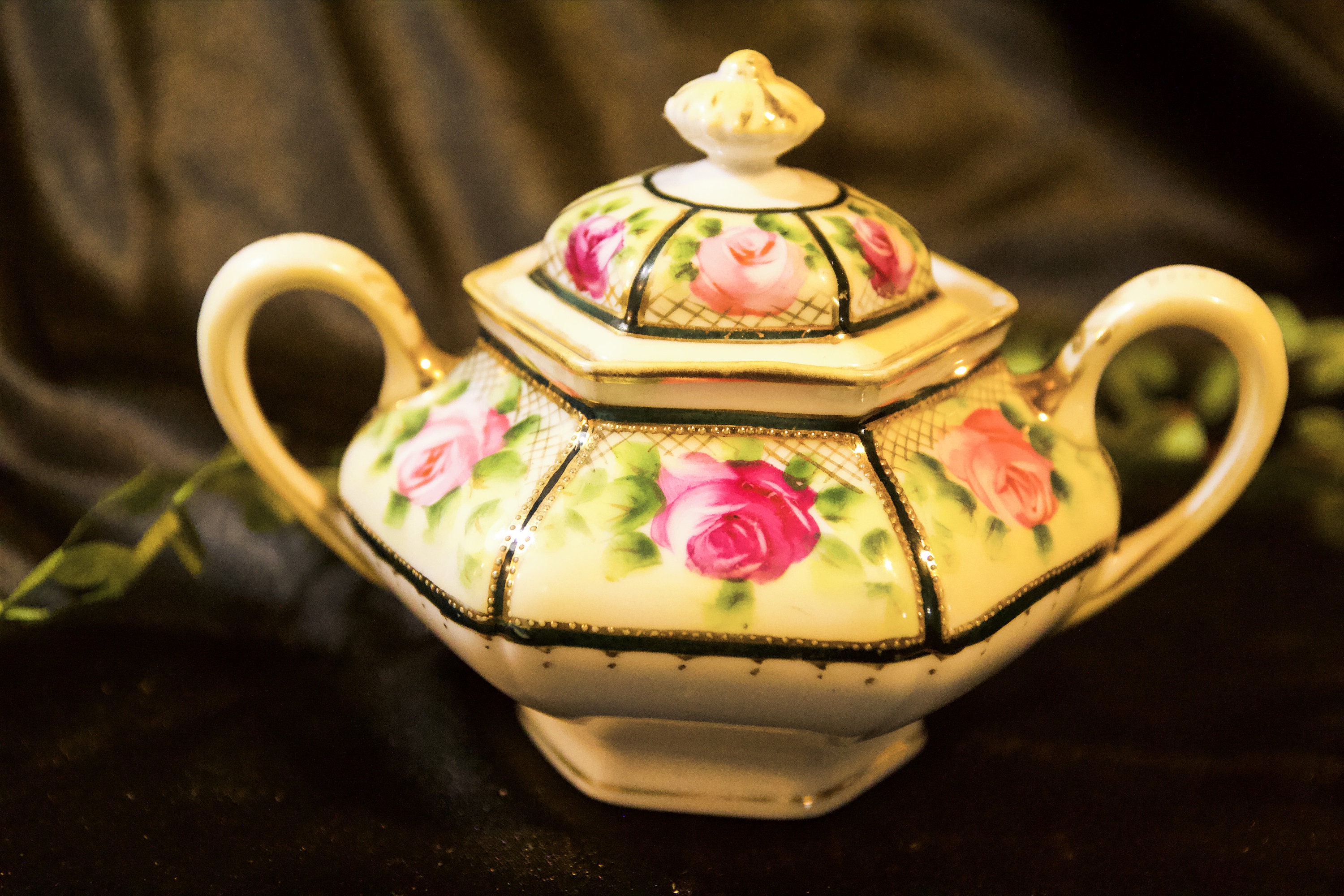 Vintage Rose Teapot and Creamer Tea Set, Victorian, Gold, Green, Floral ...