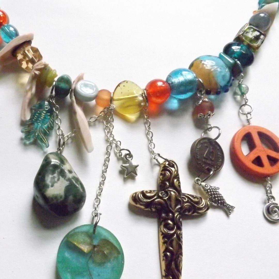 Cluttercore Maximalist Necklace Cross Charm Necklace Beaded Handmade ...