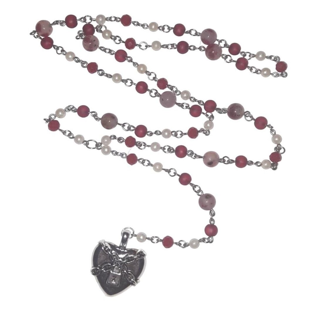 Heart Vampire Rosary Style Chain Lock Beaded Necklace Faux Pearl Glass ...
