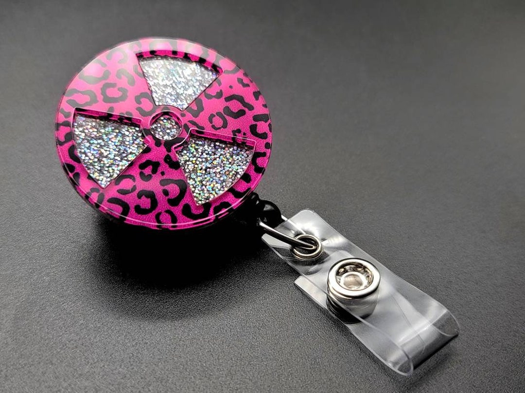 Pink Leopard Xray Badge Reel - Radiation Symbol Badge Reel - X-ray Tech Badge - CT Technologist ...