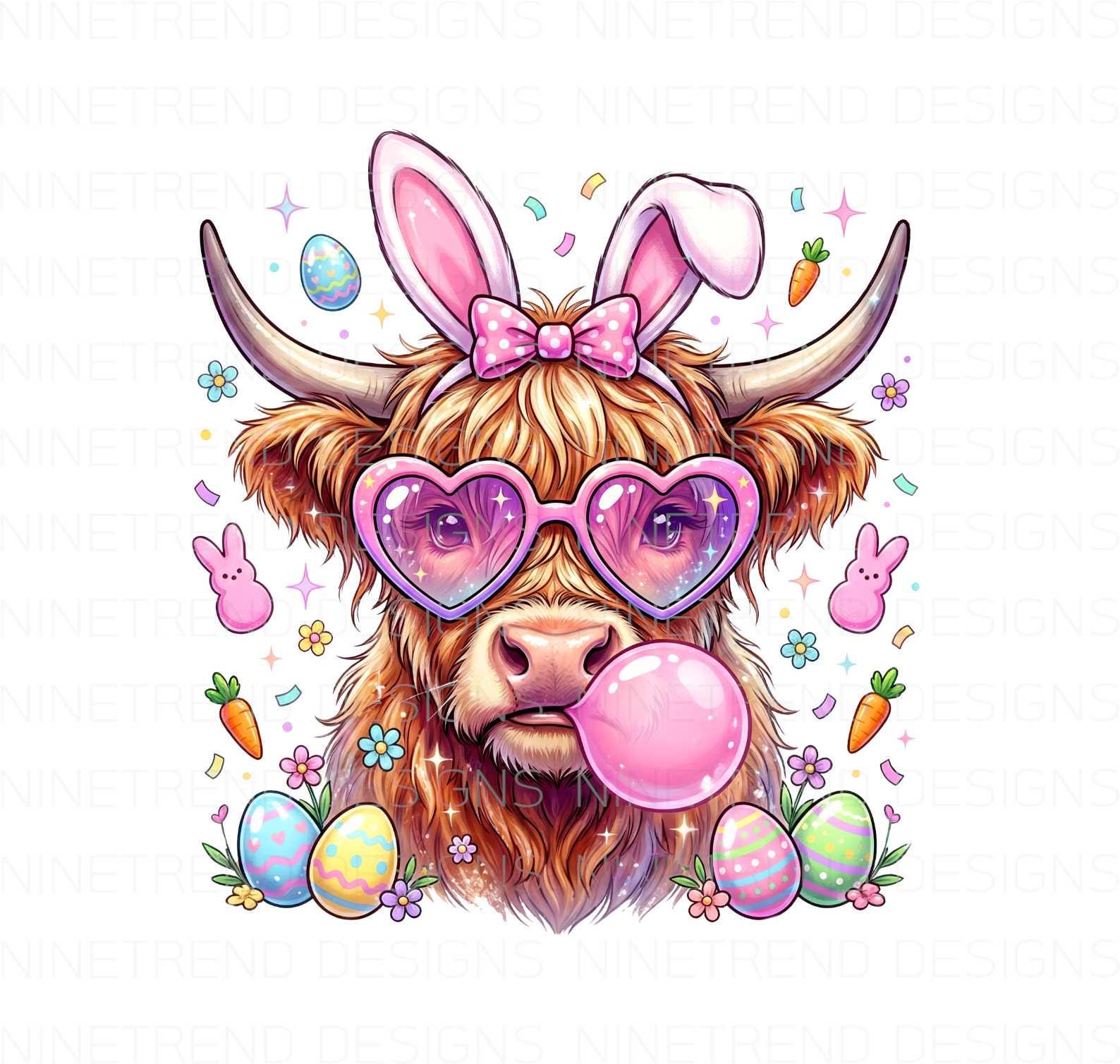 Easter Highland Cow PNG, Bunny Ears Cow Sublimation, Heart Glasses ...