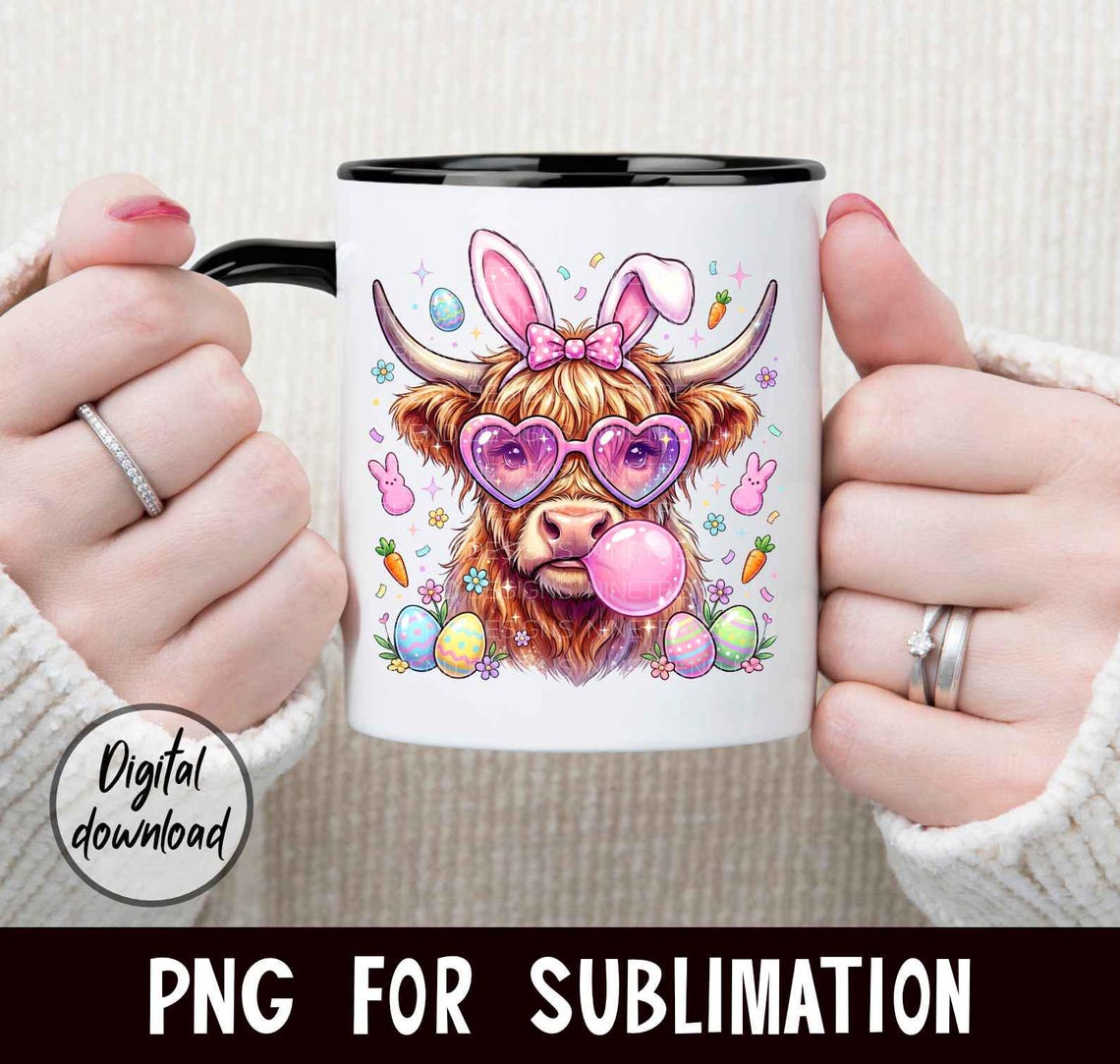 Easter Highland Cow PNG, Bunny Ears Cow Sublimation, Heart Glasses ...