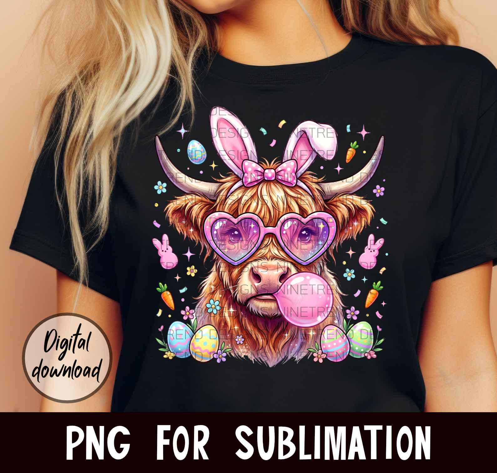 Easter Highland Cow PNG, Bunny Ears Cow Sublimation, Heart Glasses ...
