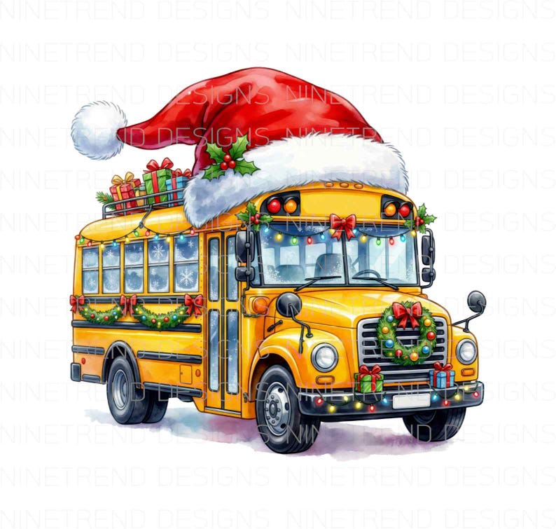 Christmas School Bus PNG, Watercolor Santa Hat Bus Sublimation, Bus ...