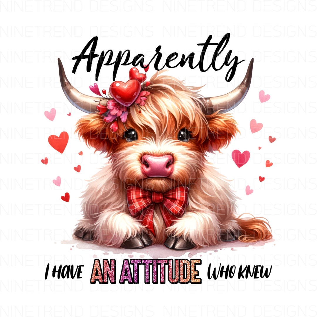 I Have an Attitude Who Knew Highland Cow Watercolor PNG, Valentine ...
