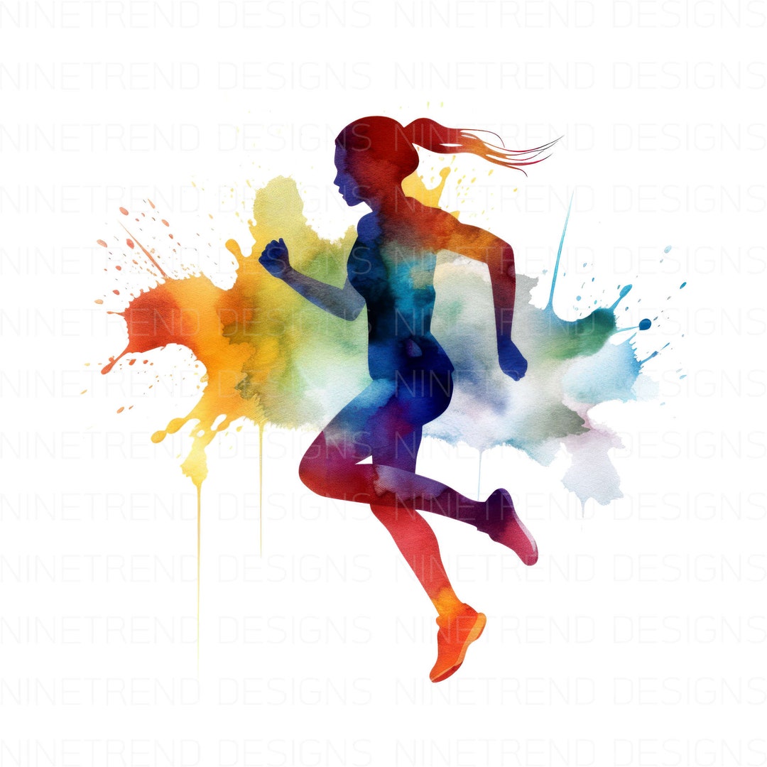 Watercolor Running Woman Silhouette PNG: Sublimation Design (digital ...